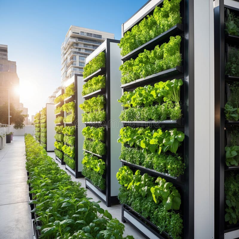 Vertical Farming Units with Sunlit Rows of Herbs in a Clean City ...