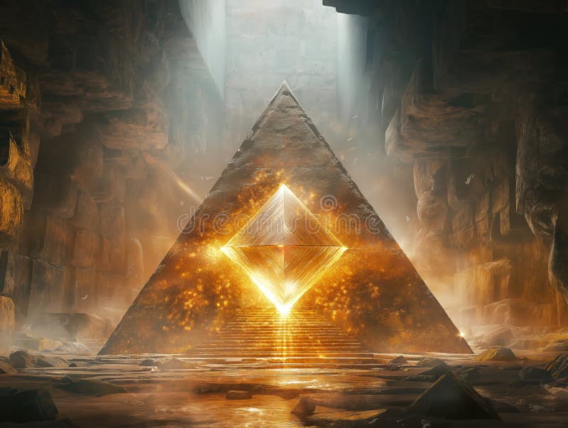 Mystical Pyramid with Glowing Diamond and Ancient Cavern in Dramatic ...