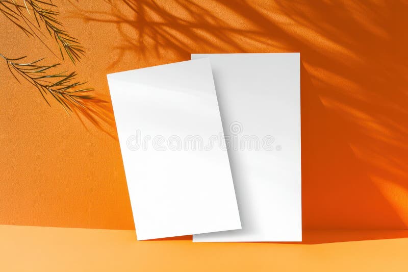 Vertical Rectangle Menu Mockups with Soft Thuja Leaves on Orange ...