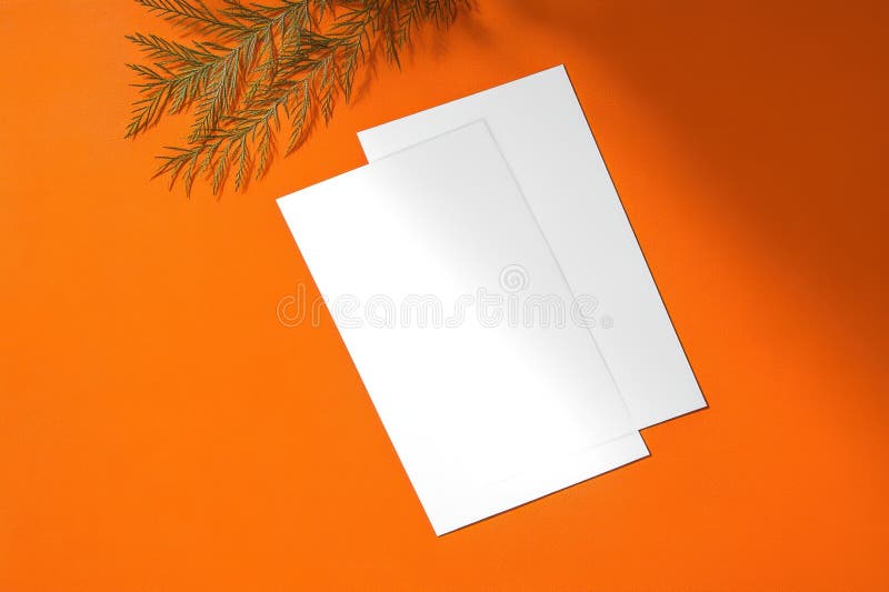Vertical Rectangle Menu Mockups with Soft Thuja Leaves on Orange ...
