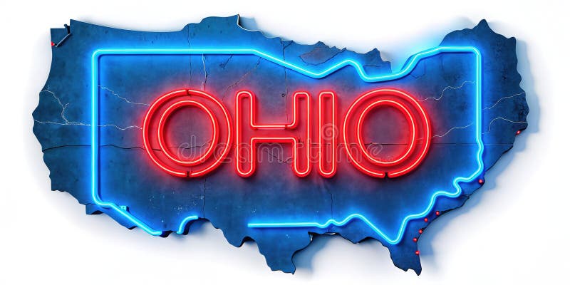 Vibrant Neon Blue Ohio Map with Bold Red Lettering HighQuality State ...