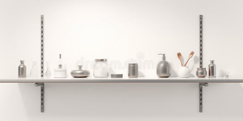 Elegant Metallic Shelf Displaying Floating Objects Against Aged Paper a ...