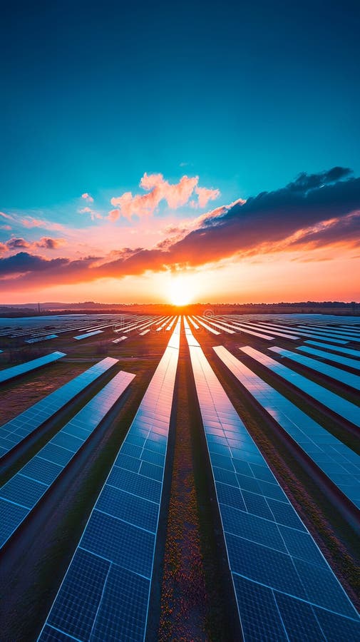 Vibrant Sunset Over Expansive Solar Panel Fields. Renewable Energy ...