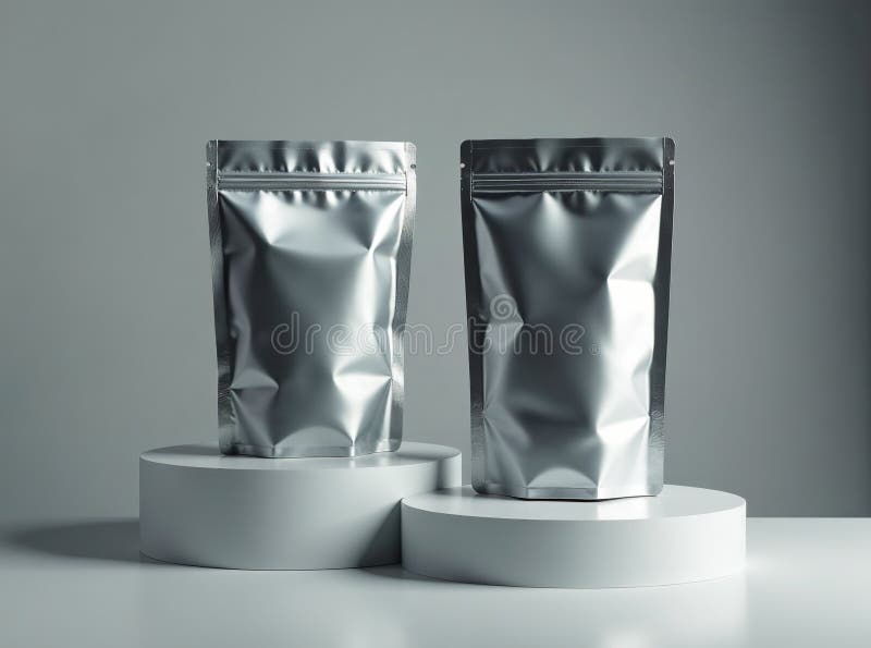 Elegant Silver Pouches on White Platforms a HighQuality Product ...