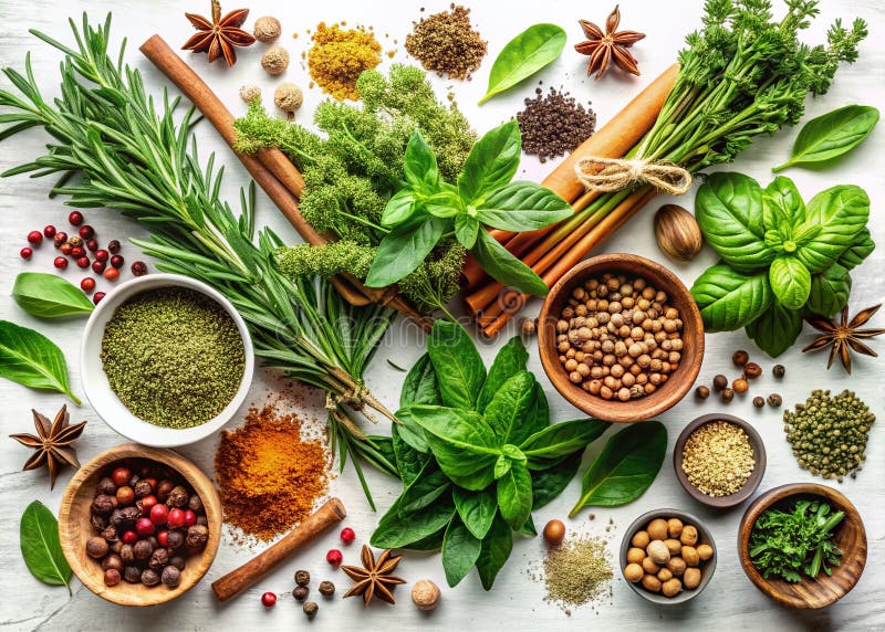 Aromatic Culinary Background Featuring a Vibrant Array of Fresh Herbs ...