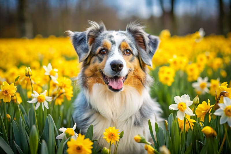 A Blue Merle Australian Shepherd Dog Finds Serenity Amidst a Field of ...