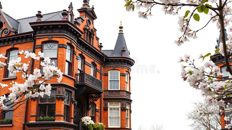 A Victorian Brick Masterpiece Ornate Facade Framed by Spring Blossoms ...