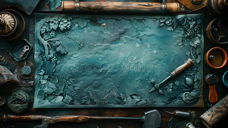 Enchanting Mystical Tableau with Vintage Diagram and Tools in Glowing ...