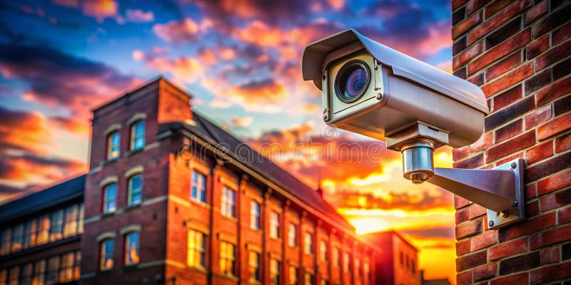 Double Exposure Surveillance Camera on a Red Brick Building a Modern ...