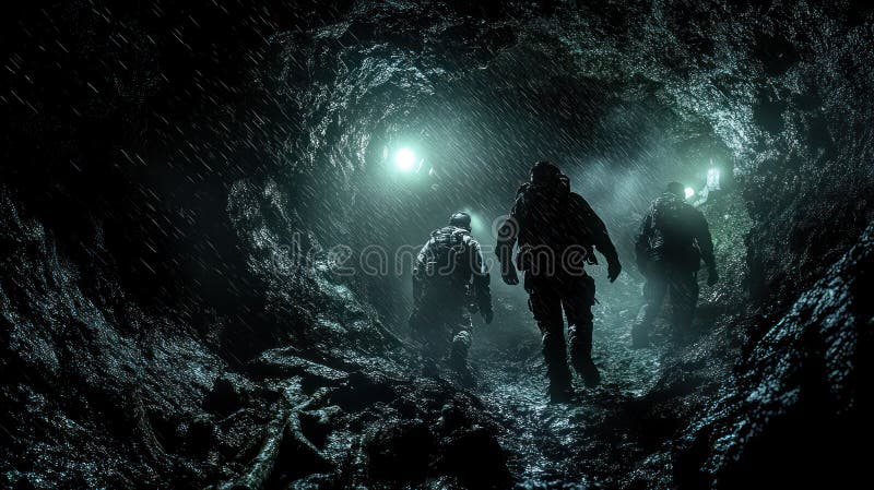 Close-Up of Spelunkers Exploring Dark Cave with Flashlights and Helmets ...