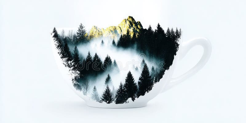 Artistic Teacup Design Featuring Mountain Landscape with Forest and ...