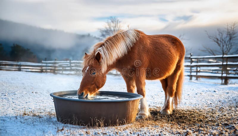 Chestnut Pony Drinking in Wintery Outdoor Paddock a Majestic Mammal ...