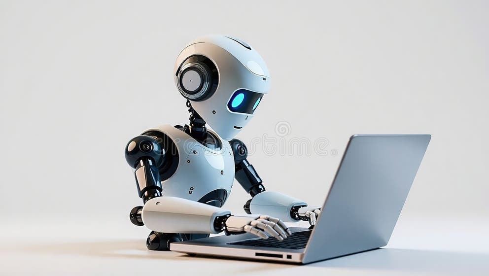 Adorable Robot Programmer Concentrates on Laptop Embracing the Future ...