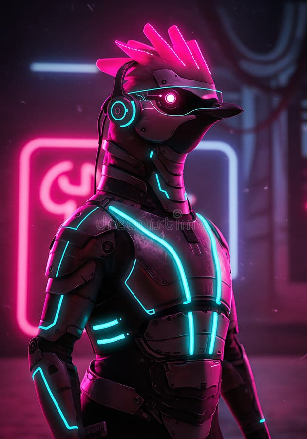 Cybernetic Avian Warrior Emerges within Neon-lit Cityscape Futuristic ...