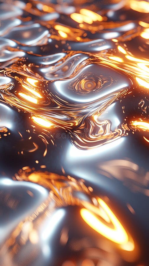 Abstract Liquid Metal Surface with Orange and White Glowing Lights ...