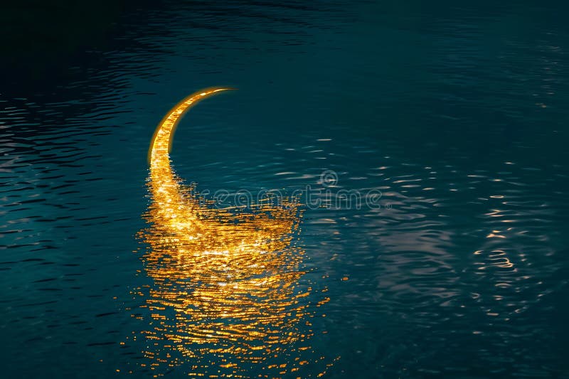 Golden Crescent Moon Reflected on Dark Water Stock Illustration ...