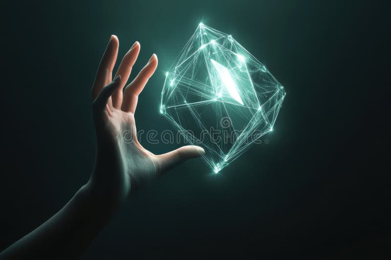 Hand Reaching for Floating Geometric Shape with Glowing Lines and ...