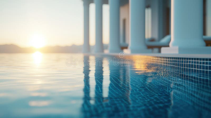 Serene Sunset Reflection in Luxury Infinity Pool with Columns Stock ...