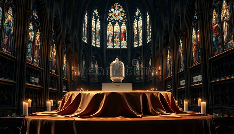Serene White Orb on Brown Draped Table in Gothic Chapel Stock ...