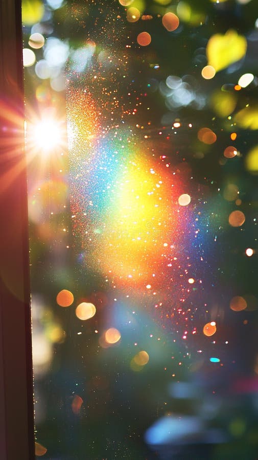 Magical Rainbow Light Flare through Wet Window Pane with Bokeh Stock ...