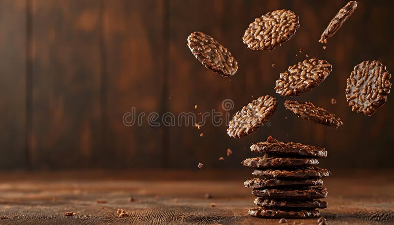 Delicious Chocolate Rice Cakes Falling on Wooden Table Stock ...