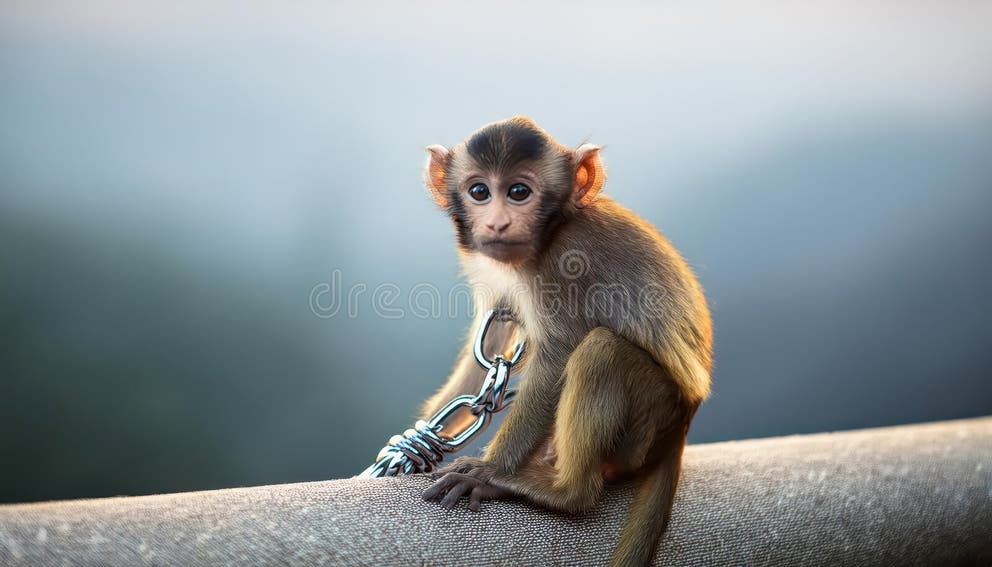 Adorable Small Chained Monkey in Forest, Expressing Joy and Curiosity ...