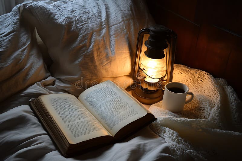 Cozy Bedtime Scene Open Book, Lantern Light, and Warm Drink Stock ...