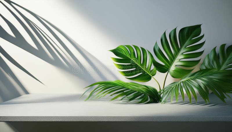 Vibrant Tropical Leaves Casting Shadows Over a Grey Table Against a White Backdrop, Embracing ...