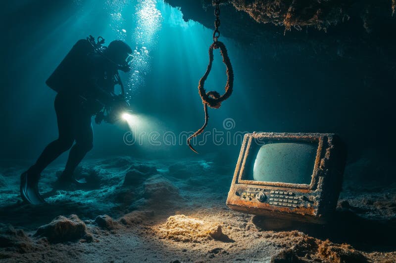 A Diver Explores an Underwater Cave Where Old Technology Remains. it ...
