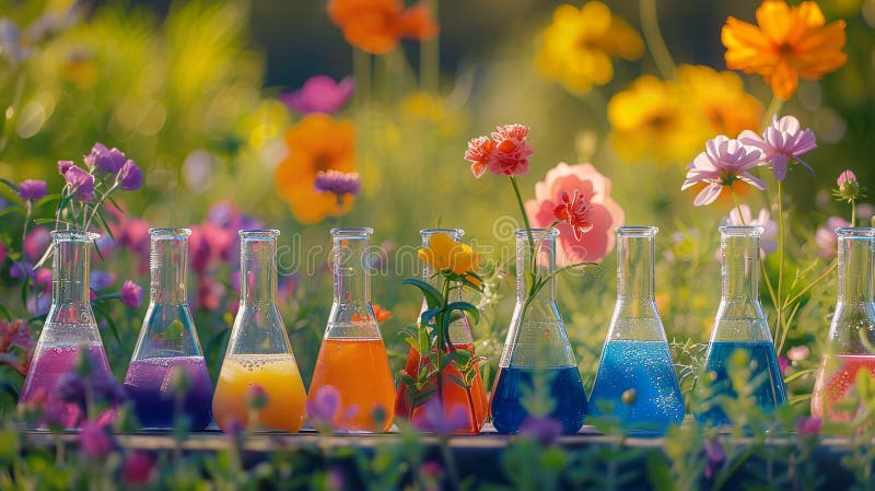 Laboratory Flasks with Colorful Liquids and Flowers Stock Photo - Image ...