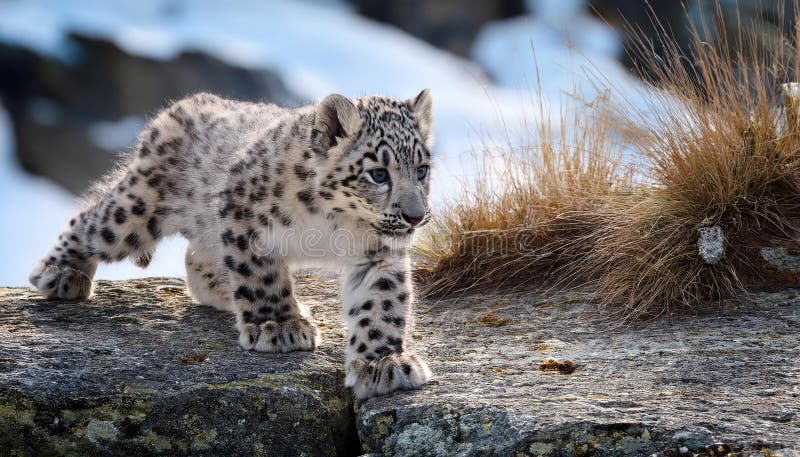 Snow Leopard Cub Exploring a Rocky Landscape Majestic Felid Exhibiting ...