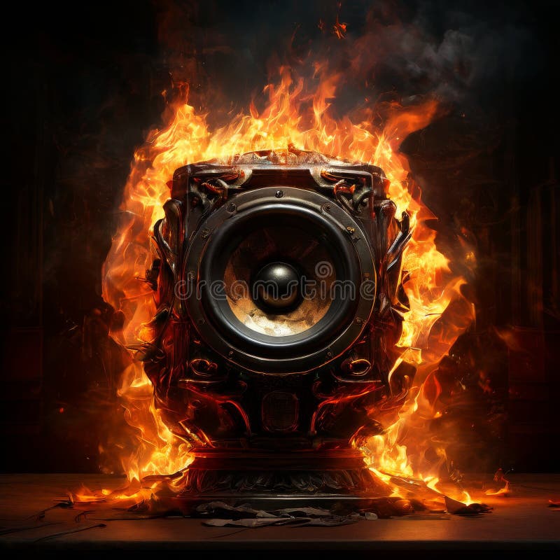 Burning Speaker Engulfed in Flames Against Dark Background Stock Photo ...