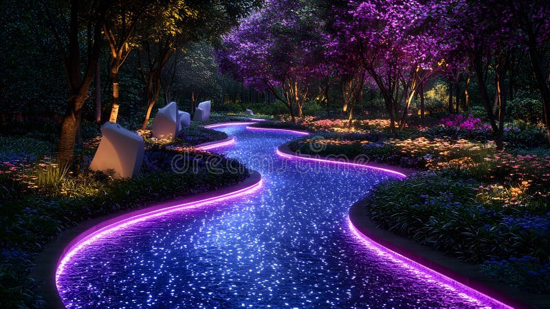 Serene Night Garden Path with Illuminated Water Feature and Purple ...