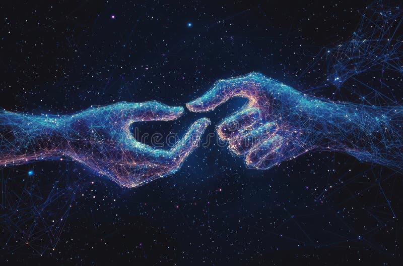 Two Digital Hands Reaching Towards Each Other in a Cosmic Space Setting ...