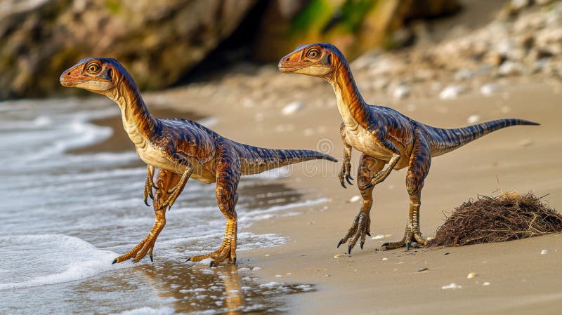 Two Vibrant Dinosaurs Exploring the Sandy Shoreline. this Dynamic Scene ...