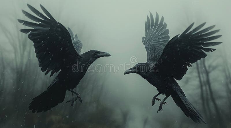 Two Ravens in Flight, Misty Forest Scene Stock Illustration ...