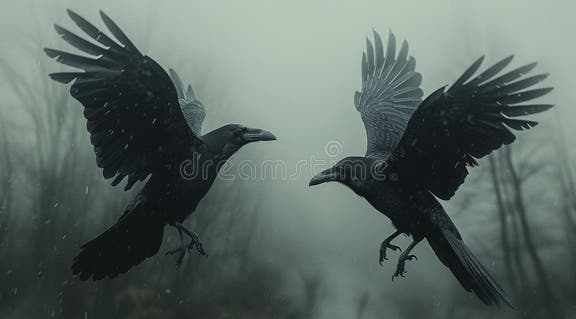 Two Ravens in Flight, Misty Forest Scene Stock Illustration ...
