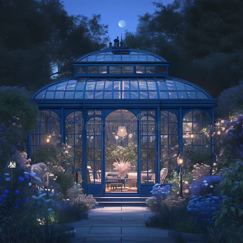 Luxurious Conservatory with Glass Roof Illuminated at Night Stock ...