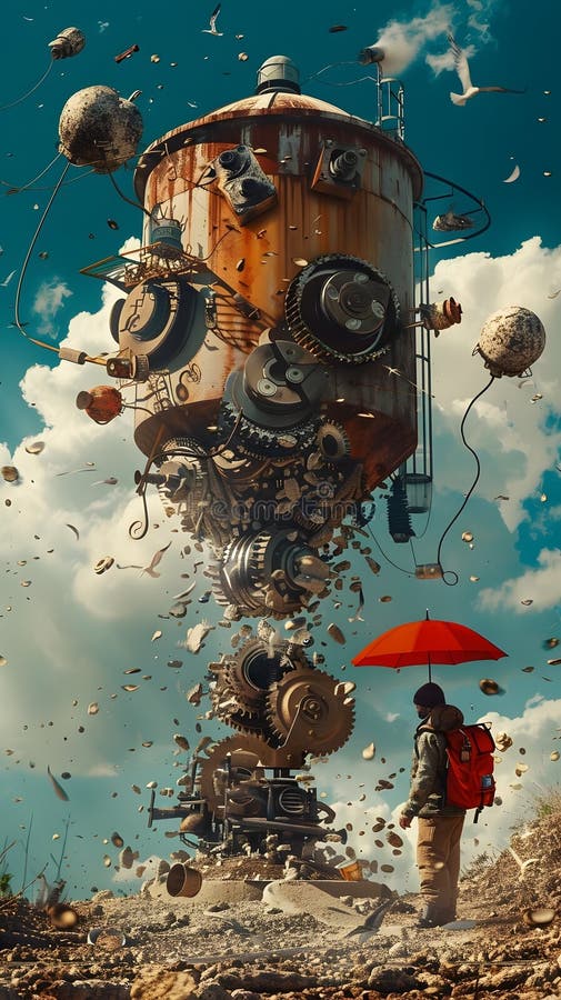 Whimsical Mechanical Contraption Floating in Surreal Sky Landscape ...