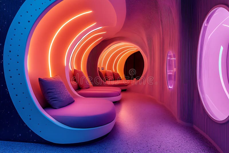 Futuristic Lounge Design Neon-Lit Pods & Curvilinear Architecture Stock ...