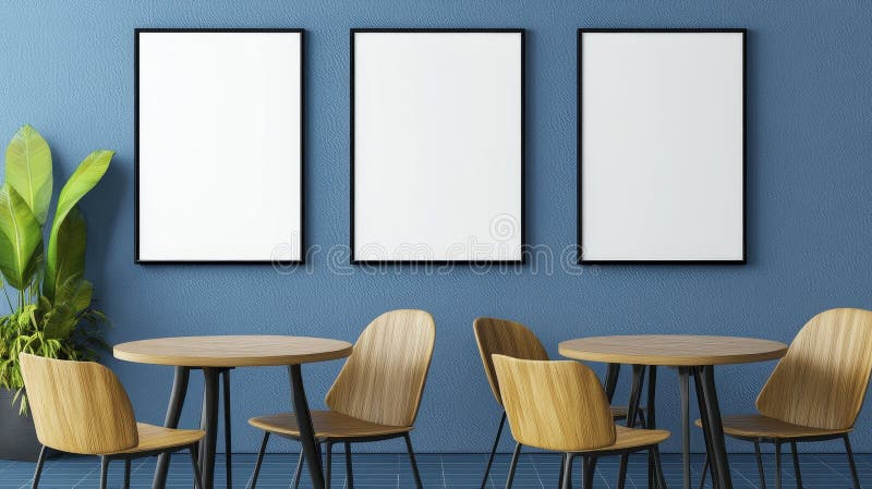 Captivating Interior Design Three Blank Frames on a Deep Blue Wall ...