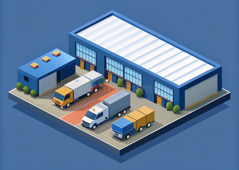 3D Isometric Warehouse Exterior with Loading Docks and Delivery Trucks ...