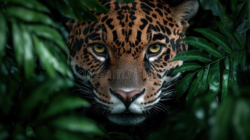 Captivating Jaguar Peering through Jungle Foliage Stock Illustration ...