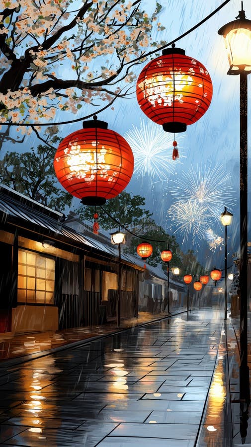 Captivating Japanese Lanterns Under Rainy Night with Fireworks Display ...