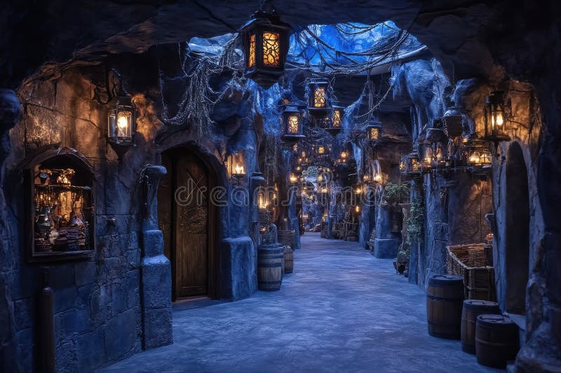 Mystical Cavern Enchanting Lantern-lit Pathway in a Dark Fantasy ...