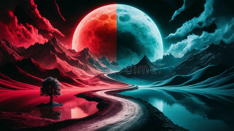 A Landscape Divided by Color with a Large Moon and Winding Road through ...