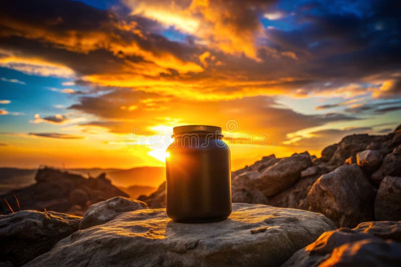 Sculpted Protein Powder Silhouette Against a Rugged Rocky Landscape a ...
