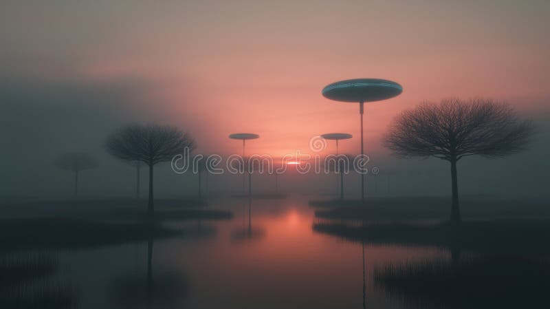 Misty Evening Landscape with Trees and Surreal Floating Structures at ...