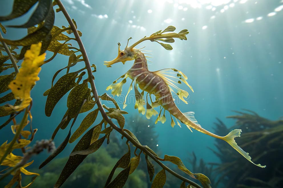 Captivating Leafy Sea Dragon Underwater Scene with Sunlit Algae Stock ...