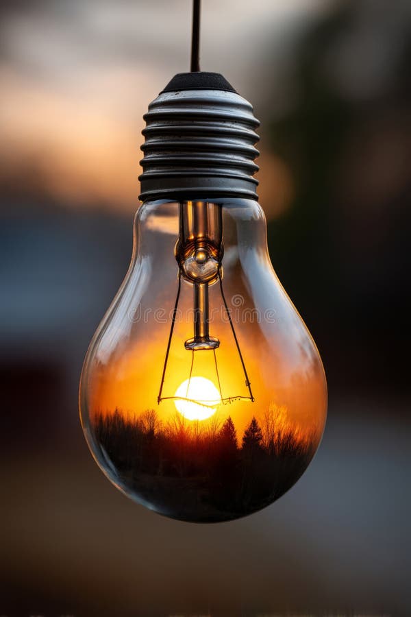 Captivating Light Bulb with Sunset Reflection, Nature and Urban ...